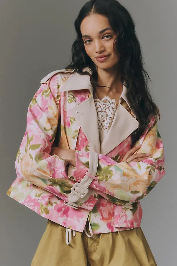 Maeve Retro Floral Cropped Trench Coat Jacket - Pink Floral