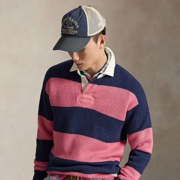 Ralph Lauren Striped Linen-cotton Rugby Sweater - Navy Pink Combo