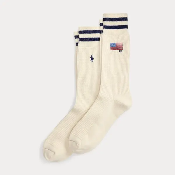 Ralph Lauren Flag Waffle-knit Crew Socks 2 Pack - Cream