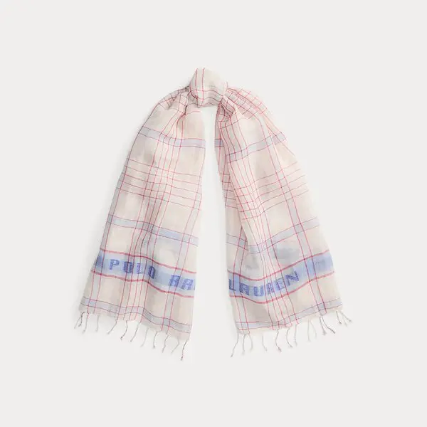 Ralph Lauren Logo Plaid Linen-cotton Scarf - White Multi