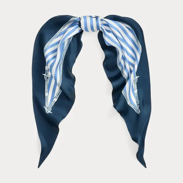 Ralph Lauren Striped Crest Silk Diamond Scarf - Carson Blue