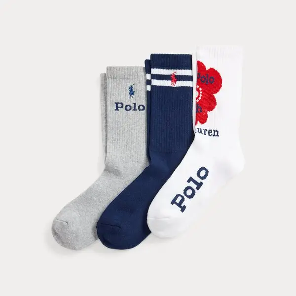 Ralph Lauren Floral Logo Crew Socks 3 Pack - White/assorted