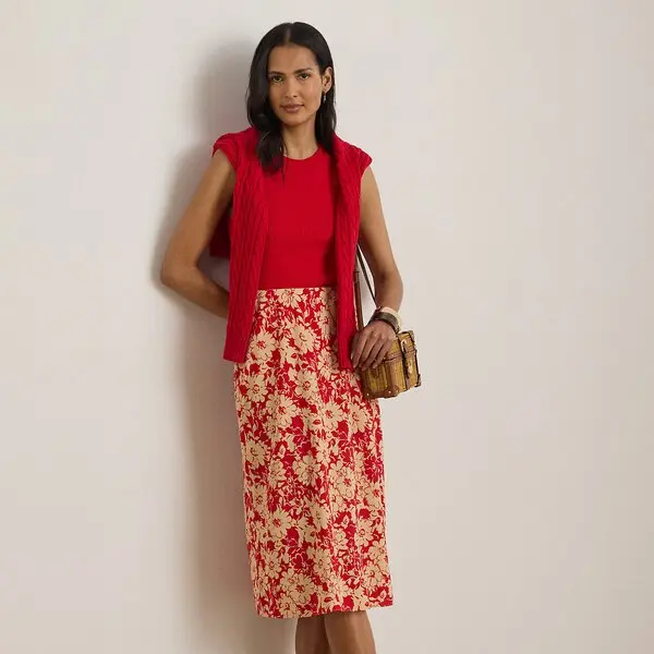 Ralph Lauren Floral Crepe Midi Skirt - Red/tan