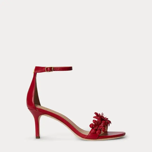Ralph Lauren Allie Mid-heel Floral-trim Nappa Sandal - Festive Red