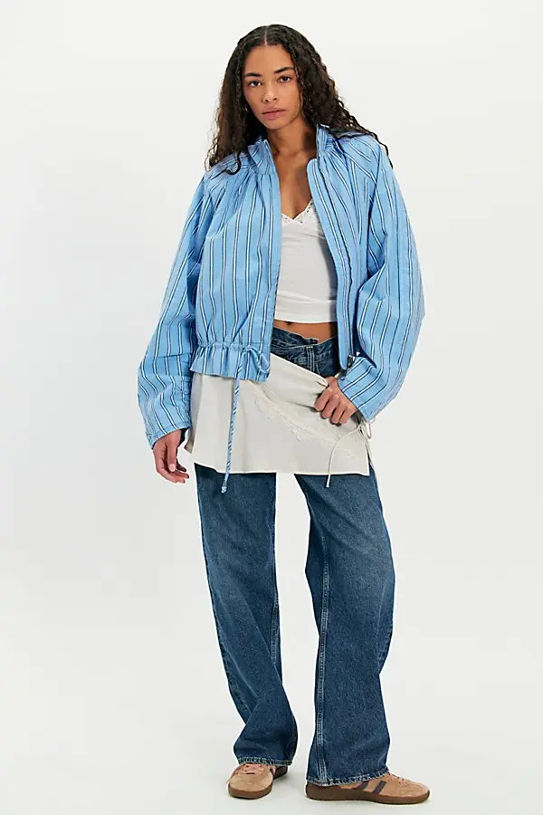 Free People Devon Striped Balloon Funnel-neck Jacket - Blue