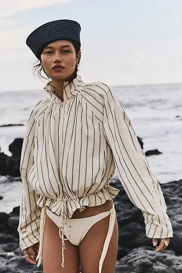 Free People Devon Striped Balloon Funnel-neck Jacket - Ivory Combo