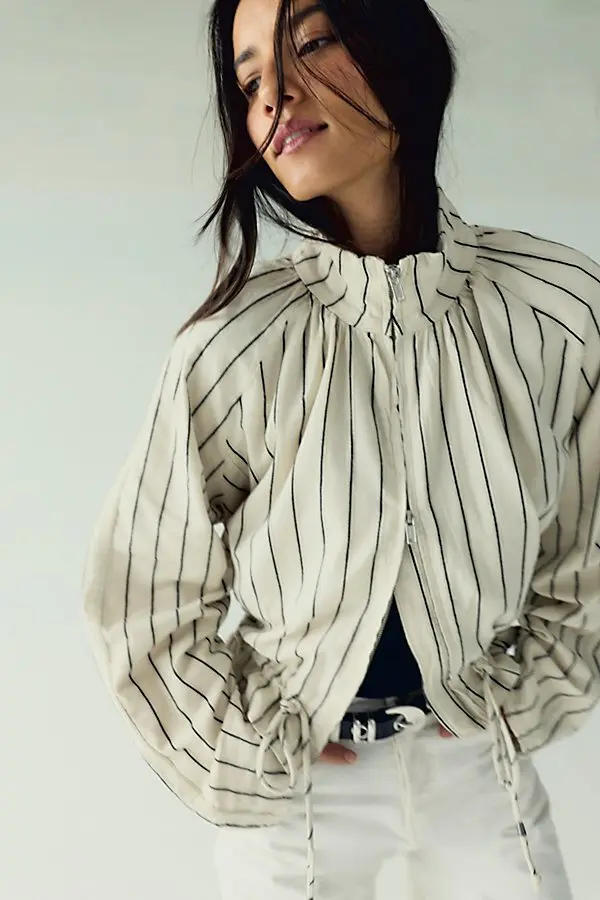 Free People Devon Striped Balloon Funnel-neck Jacket - Ivory Combo