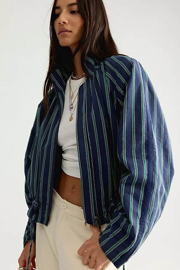 Free People Devon Striped Balloon Funnel-neck Jacket - Navy Combo