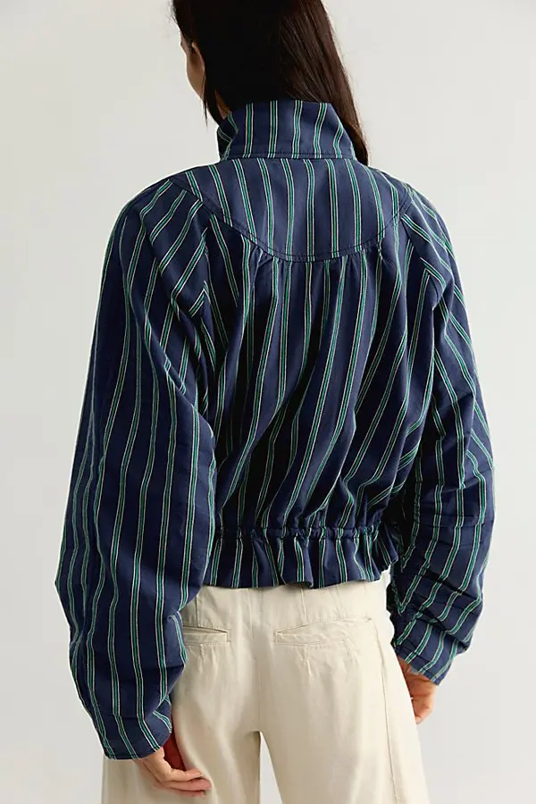 Free People Devon Striped Balloon Funnel-neck Jacket - Navy Combo