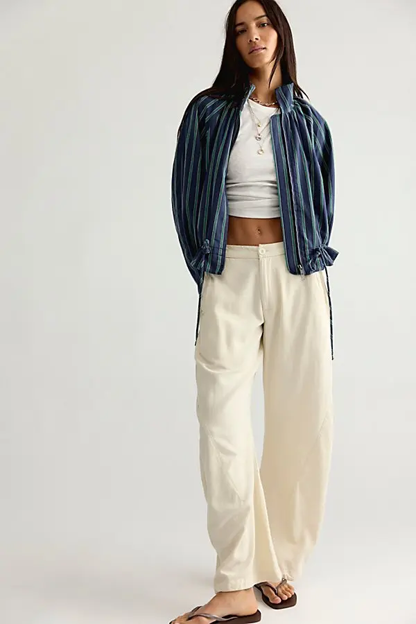 Free People Devon Striped Balloon Funnel-neck Jacket - Navy Combo