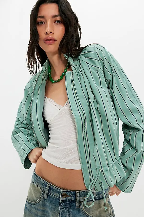 Free People Devon Striped Balloon Funnel-neck Jacket - Slate Combo