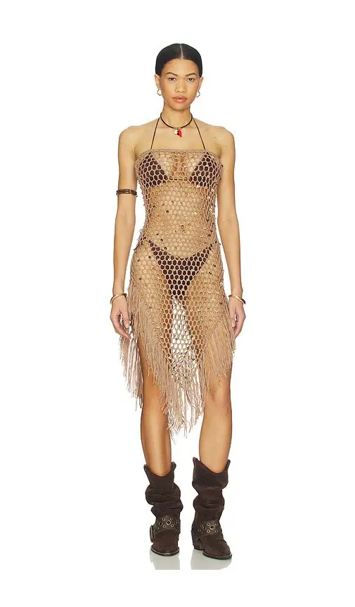 MORE TO COME Rami Fringe Strapless Dress - Tan