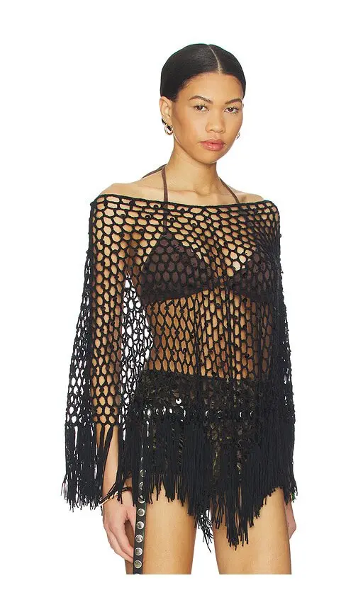 MORE TO COME Loren Knit Poncho With Sequin And Fringe Detail