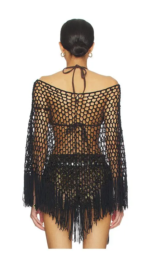 MORE TO COME Loren Knit Poncho With Sequin And Fringe Detail