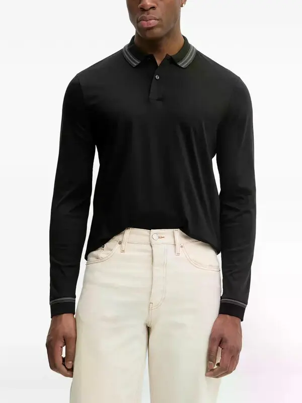 BOSS Striped-collar Long-sleeved Polo Shirt - Black