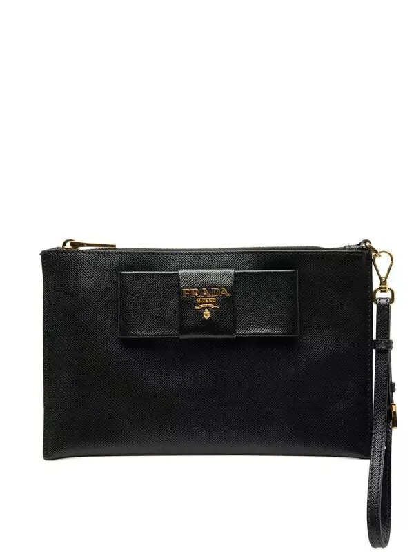 Prada 2013-2025 Saffiano Bow Clutch Bag - Black