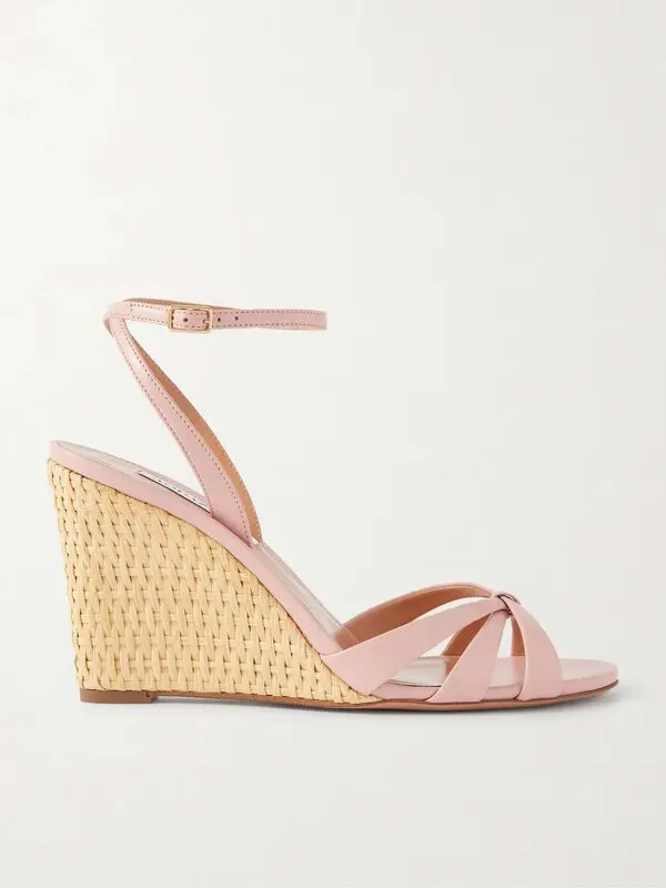 AQUAZZURA Tati 85 Leather And Wicker Wedge Sandals - Neutrals