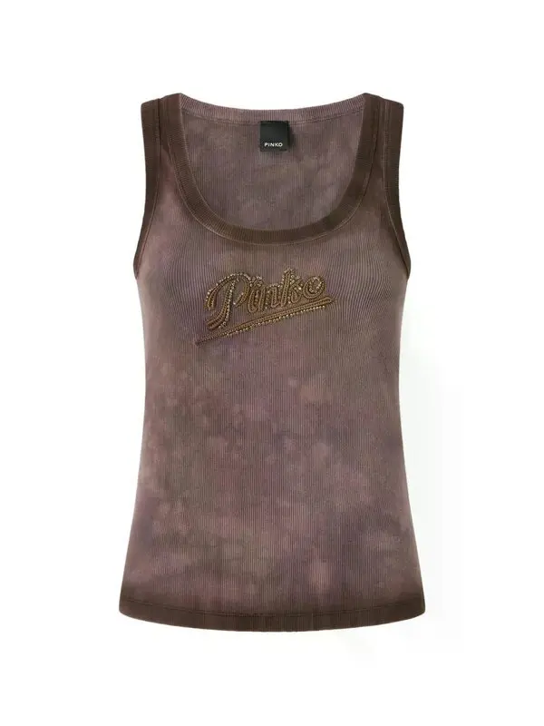Pinko Ribbed Stretch Cotton Tie-dye Vest Top With Rhinestone Embroidery