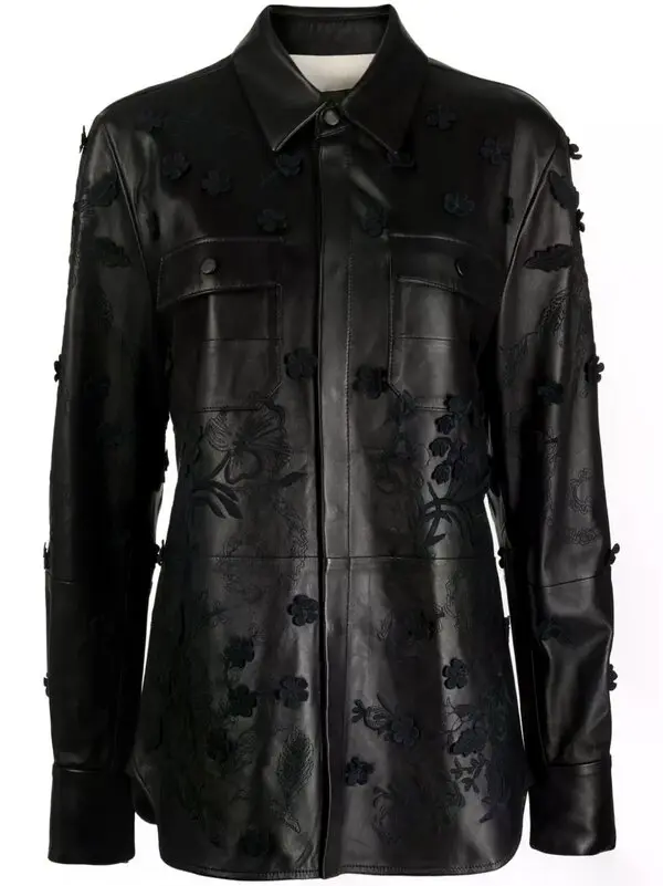 Elie Saab Floral-embroidered Leather Shirt Jacket