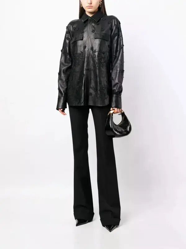 Elie Saab Floral-embroidered Leather Shirt Jacket