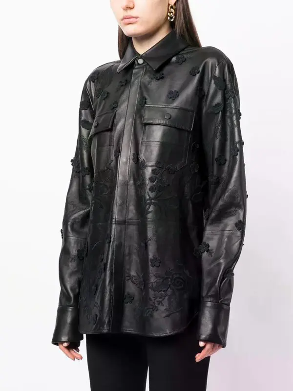Elie Saab Floral-embroidered Leather Shirt Jacket