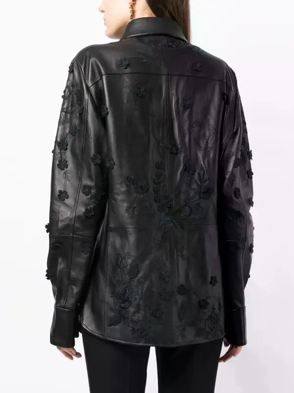 Elie Saab Floral-embroidered Leather Shirt Jacket