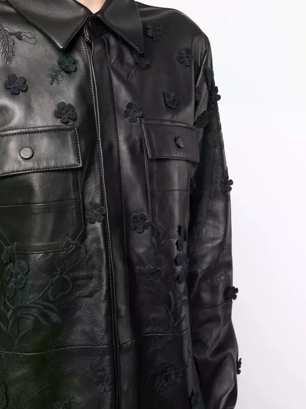 Elie Saab Floral-embroidered Leather Shirt Jacket
