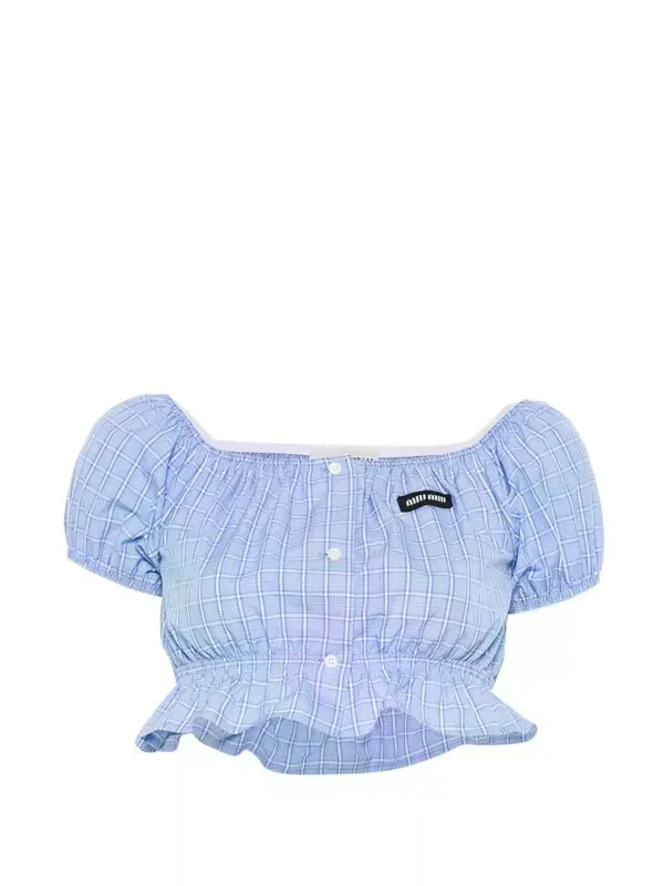 Miu Miu Checked Poplin Crop Top With Voluminous Sleeves - Blue