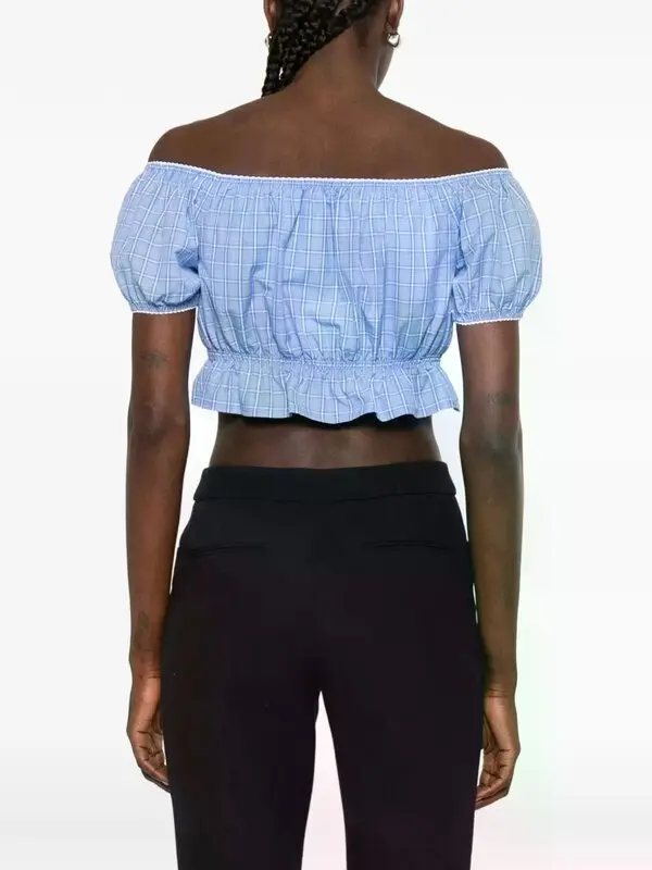Miu Miu Checked Poplin Crop Top With Voluminous Sleeves - Blue