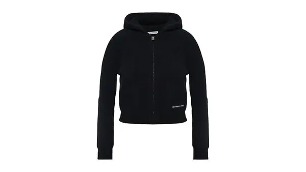 Alexander Wang Knit Logo Label Long Sleeve Shrunken Zip Up Hoodie - Black