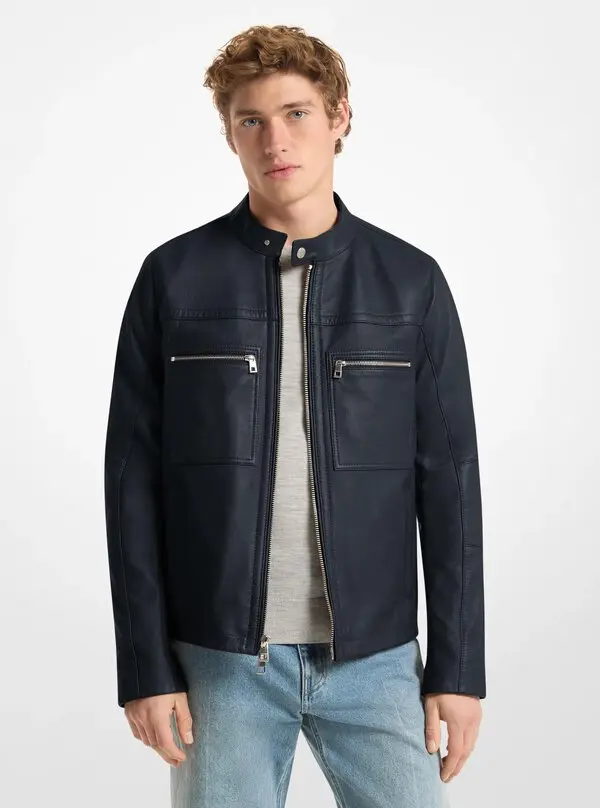 Michael Kors Leather Racer Jacket - Blue