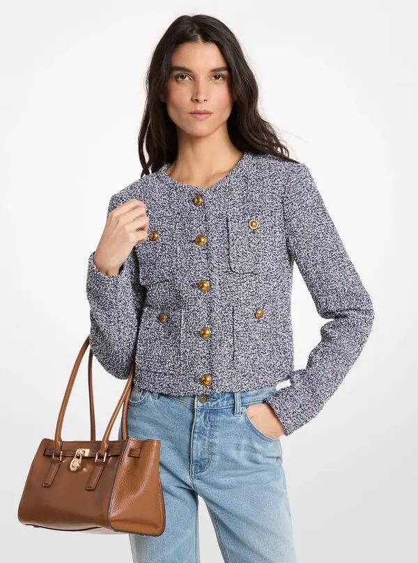 Michael Kors Collarless Tweed Jacket With Gold-tone Buttons - Blue
