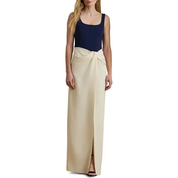 Ralph Lauren Two-tone Ottoman & Crepe Sleeveless Gown - Mascarpone Ivory/refined Navy