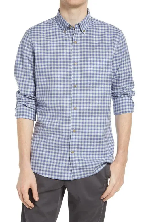 Nordstrom Trim Fit Gingham Linen & Cotton Button-down Shirt - Blue Angelite - Blue Gigham