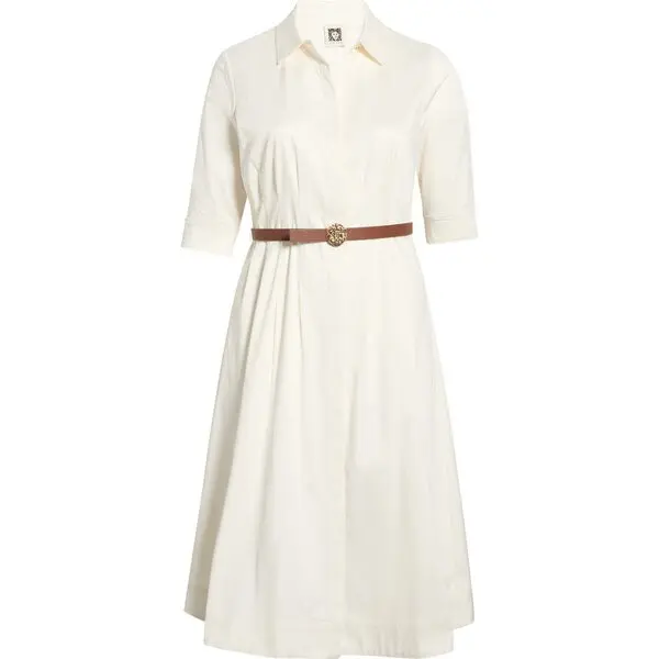 Anne Klein Belted Elbow Sleeve Stretch Cotton Sateen Shirtdress - White Dove