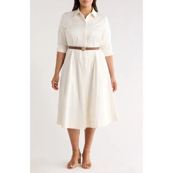 Anne Klein Belted Elbow Sleeve Cotton Sateen Shirtdress