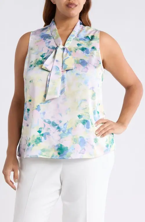 TAHARI ASL Abstract Floral Tie Neck Sleeveless Satin Top - Blush Buttercup