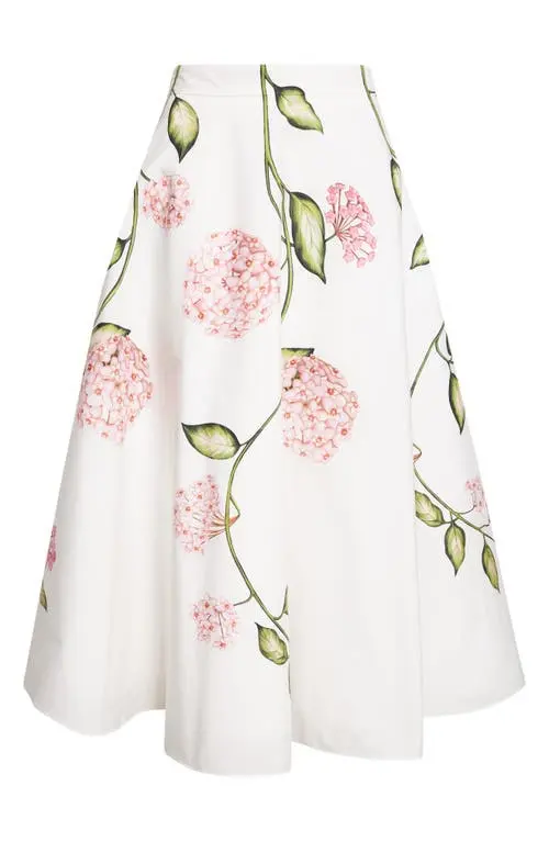 Oscar De La Renta Porcelain Flowers Stretch Cotton Poplin A-line Midi Skirt - Pink/white