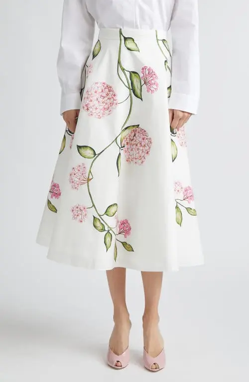 Oscar De La Renta Porcelain Flowers Stretch Cotton Poplin A-line Midi Skirt - Pink/white