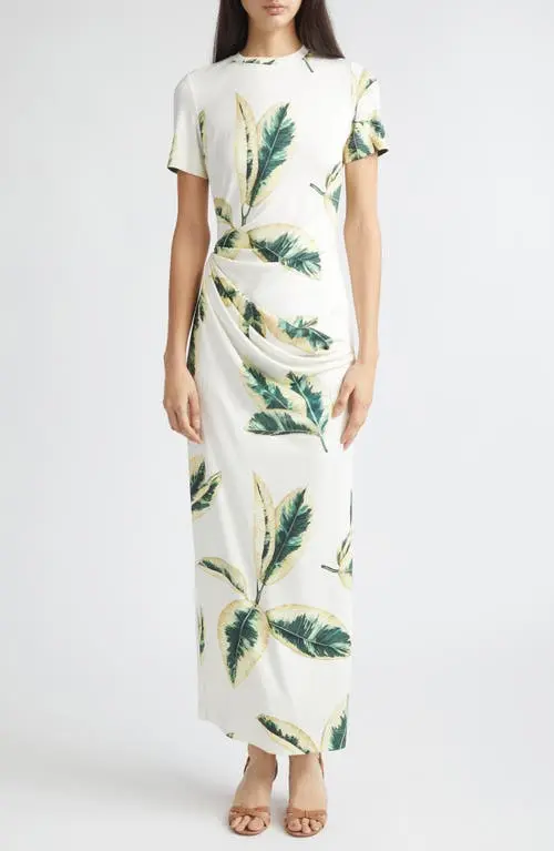 Oscar De La Renta Ficus Leaves Print Jersey Dress - Green/ivory
