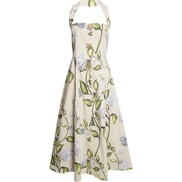 Oscar De La Renta Porcelain Flowers Stretch Cotton Poplin Halter Neck Dress - Denim/oatmeal