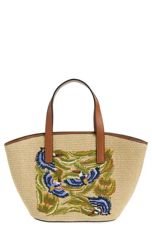 Farm Rio Small Embroidered Raffia Basket Tote - Sunny Paradise Embroidery