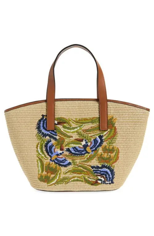 Farm Rio Small Embroidered Raffia Basket Tote - Sunny Paradise Embroidery