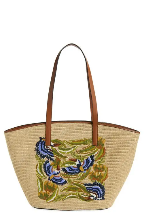 Farm Rio Large Embroidered Raffia Basket Tote - Sunny Paradise Embroidery