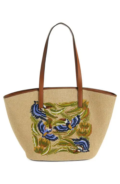 Farm Rio Large Embroidered Raffia Basket Tote - Sunny Paradise Embroidery