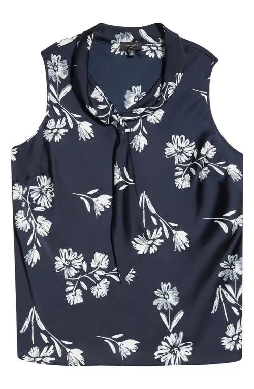 TAHARI ASL Floral Tie Neck Sleeveless Satin Top - Navy Ivory