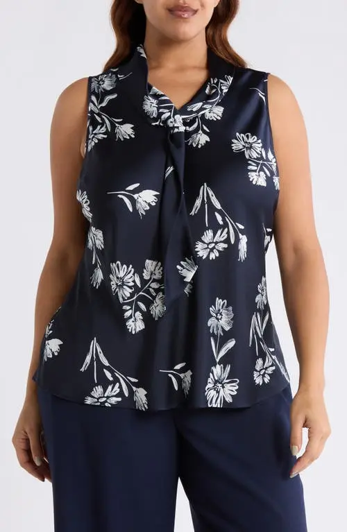 TAHARI ASL Floral Tie Neck Sleeveless Satin Top - Navy Ivory