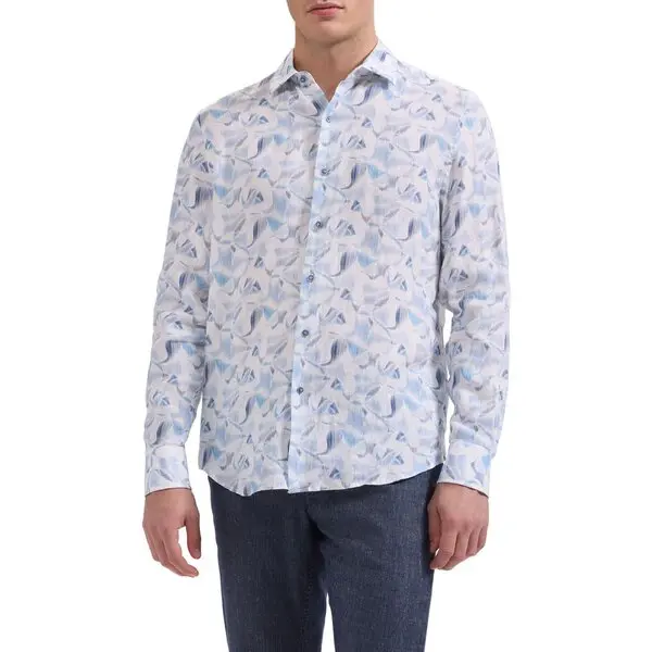 Bugatchi Julian Shaped Fit Abstract Print Linen Button-up Shirt - Air Blue
