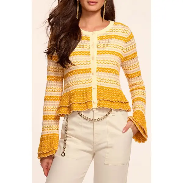 Ramy Brook Brit Metallic Stripe Flounce Detail Cotton Blend Cardigan - Marigold Combo Stripe