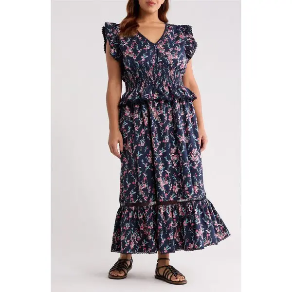 Treasure & Bond Floral Flutter Sleeve Peplum Maxi Dress - Navy Lilibet Floral
